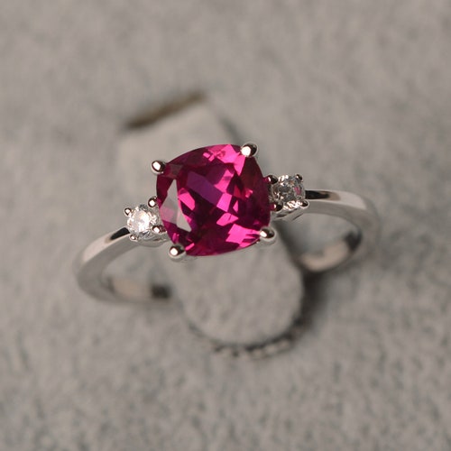 Lab Ruby Ring Cushion Cut July Birthstone Silver Wedding Ring - Etsy