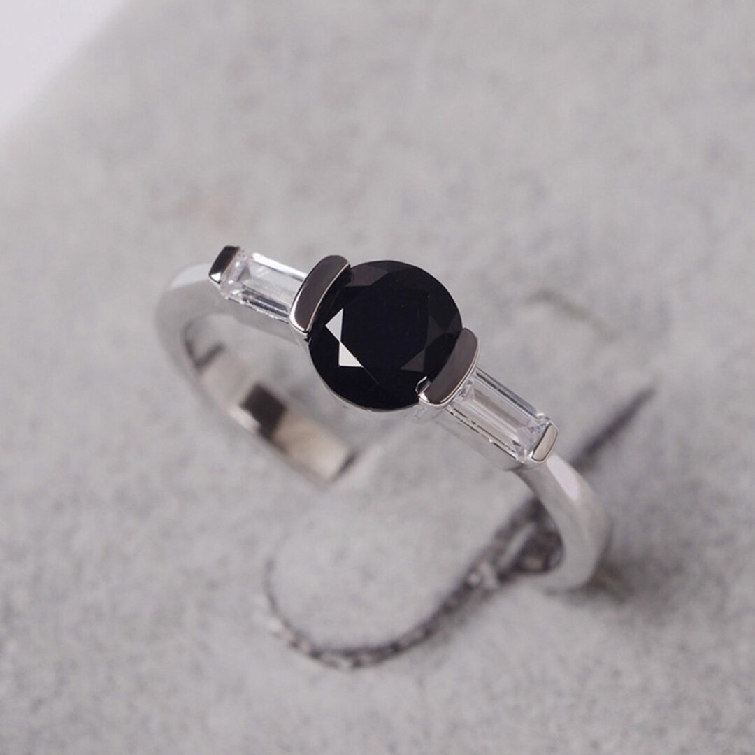 Black Spinel Rings Round Shape Black Gemstone Rings White Gold Rings - Etsy