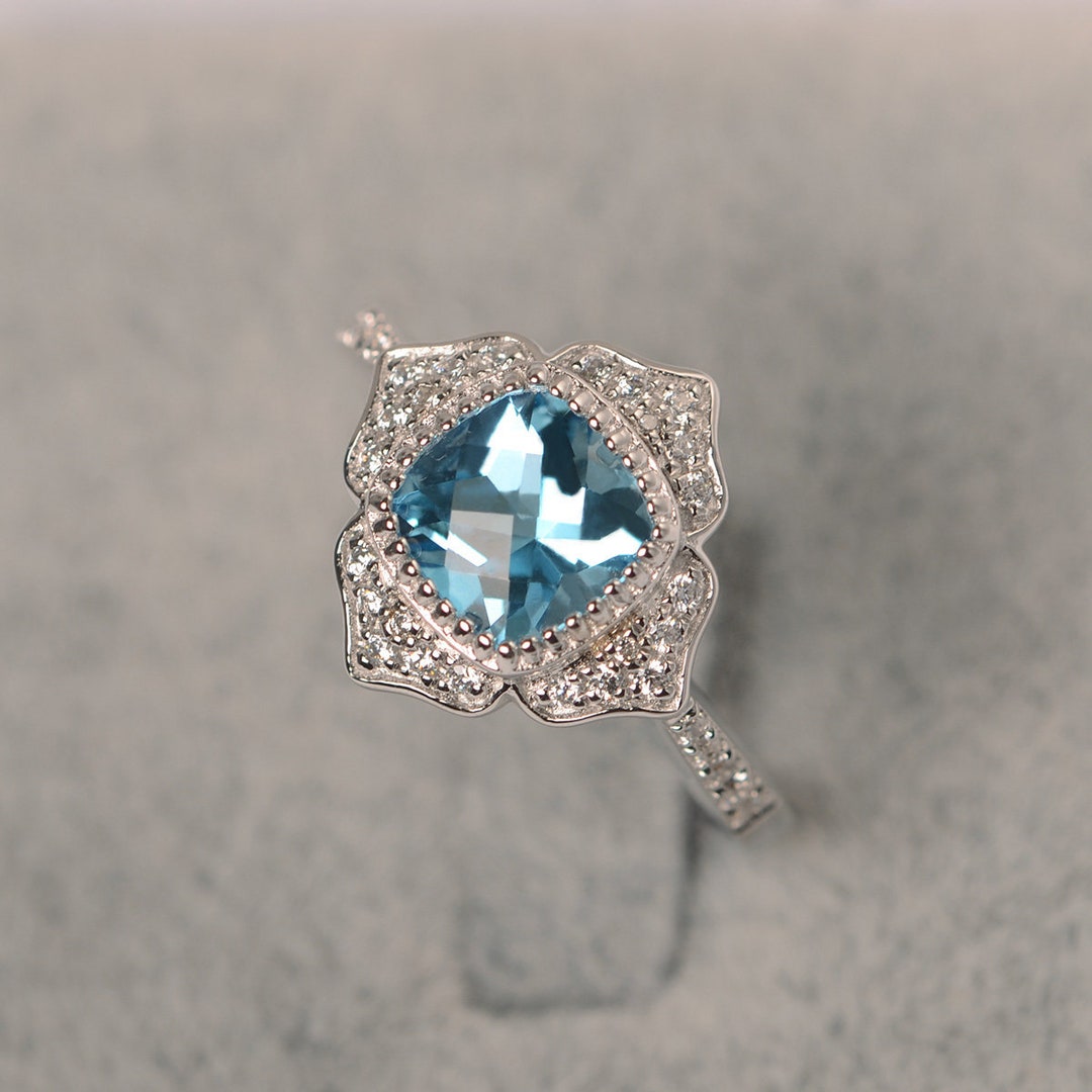 Swiss Blue Topaz Ring Sterling Silver Flower Engagement Ring for Women ...