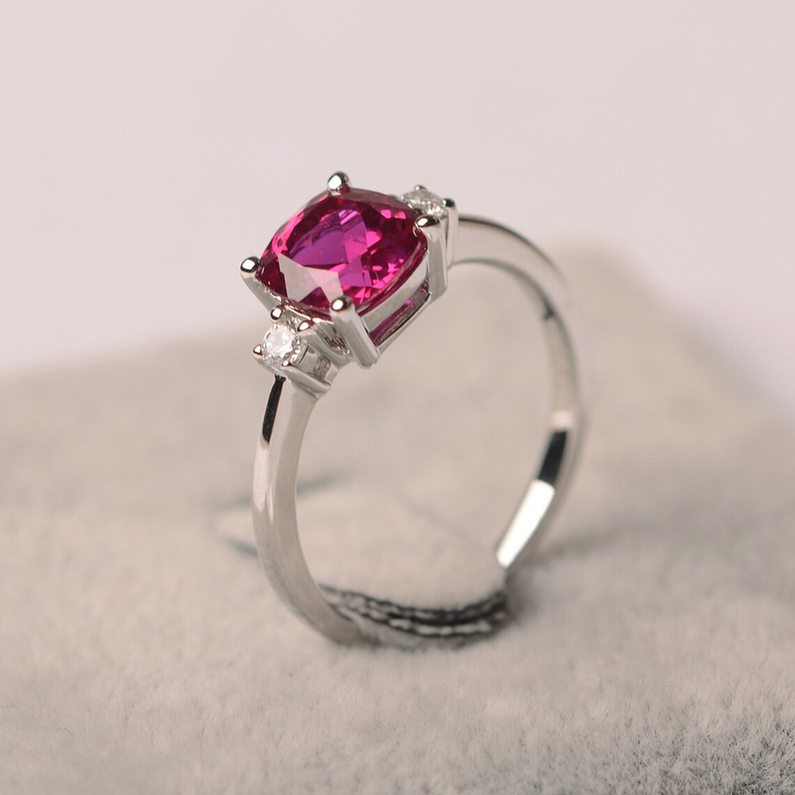 Lab Ruby Ring Cushion Cut July Birthstone Silver Wedding Ring - Etsy