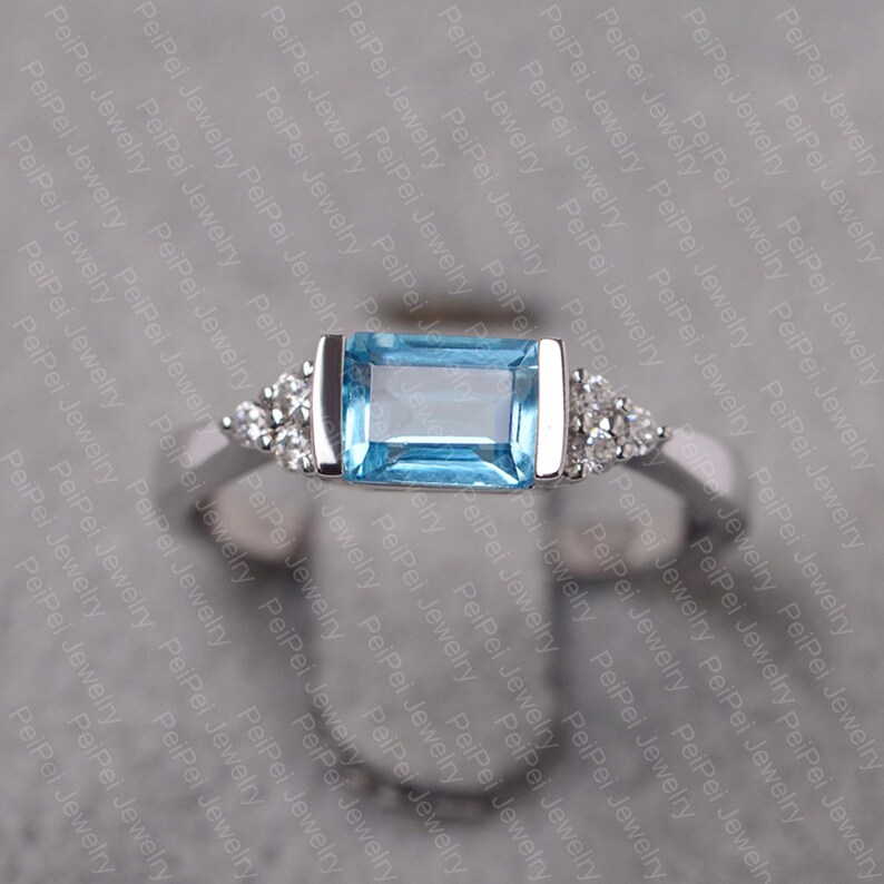 Emerald Cut Swiss Blue Topaz Ring Sterling Silver Engagement | Etsy