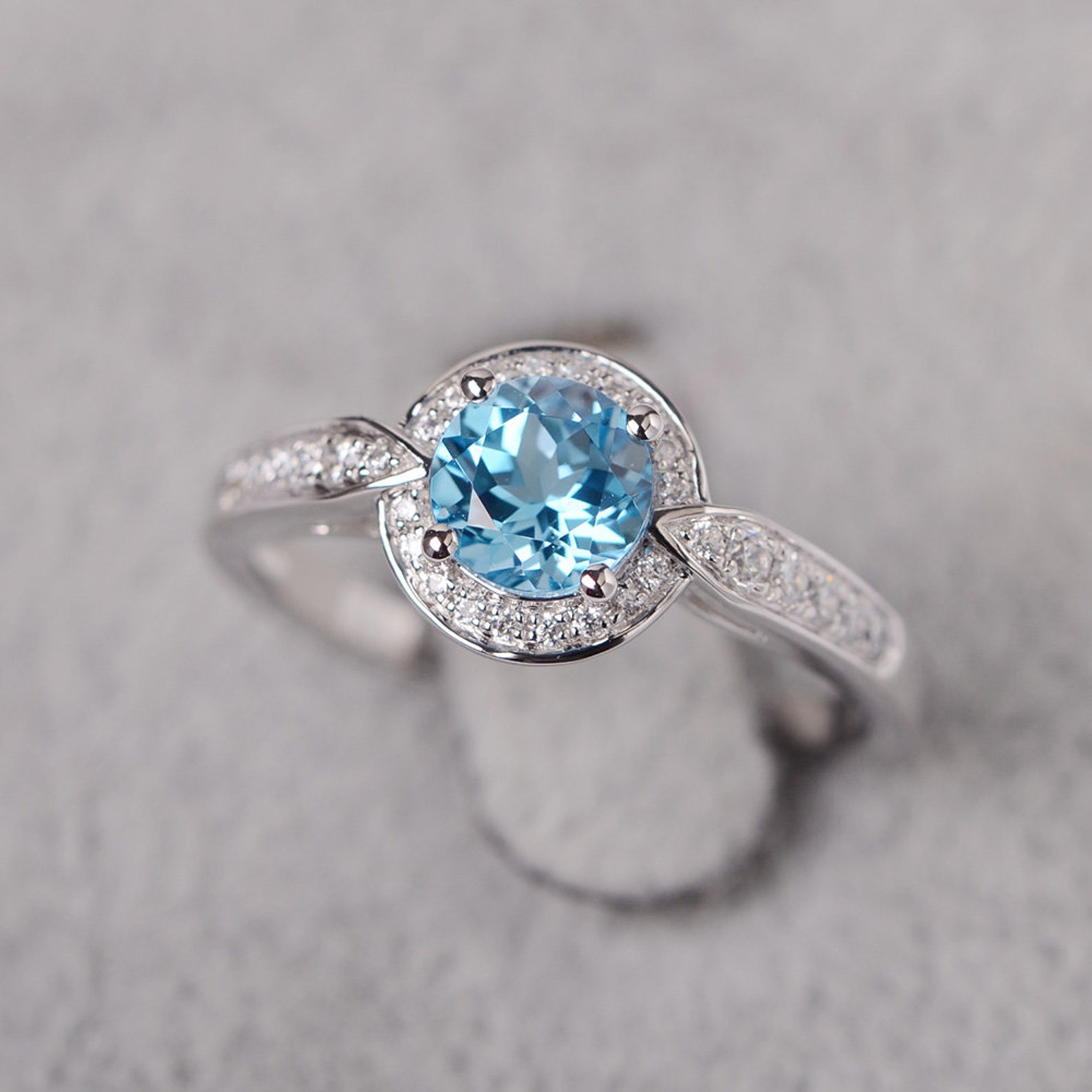 Swiss Blue Topaz Ring Round Cut Blue Gemstone Ring White Gold - Etsy