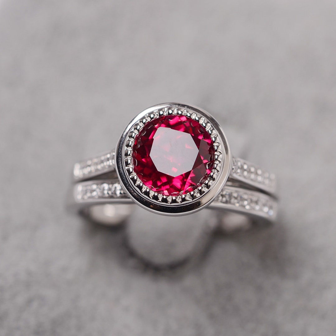 Ruby Engagement Ring Sterling Silver Round Cut July Birthstone Ring ...