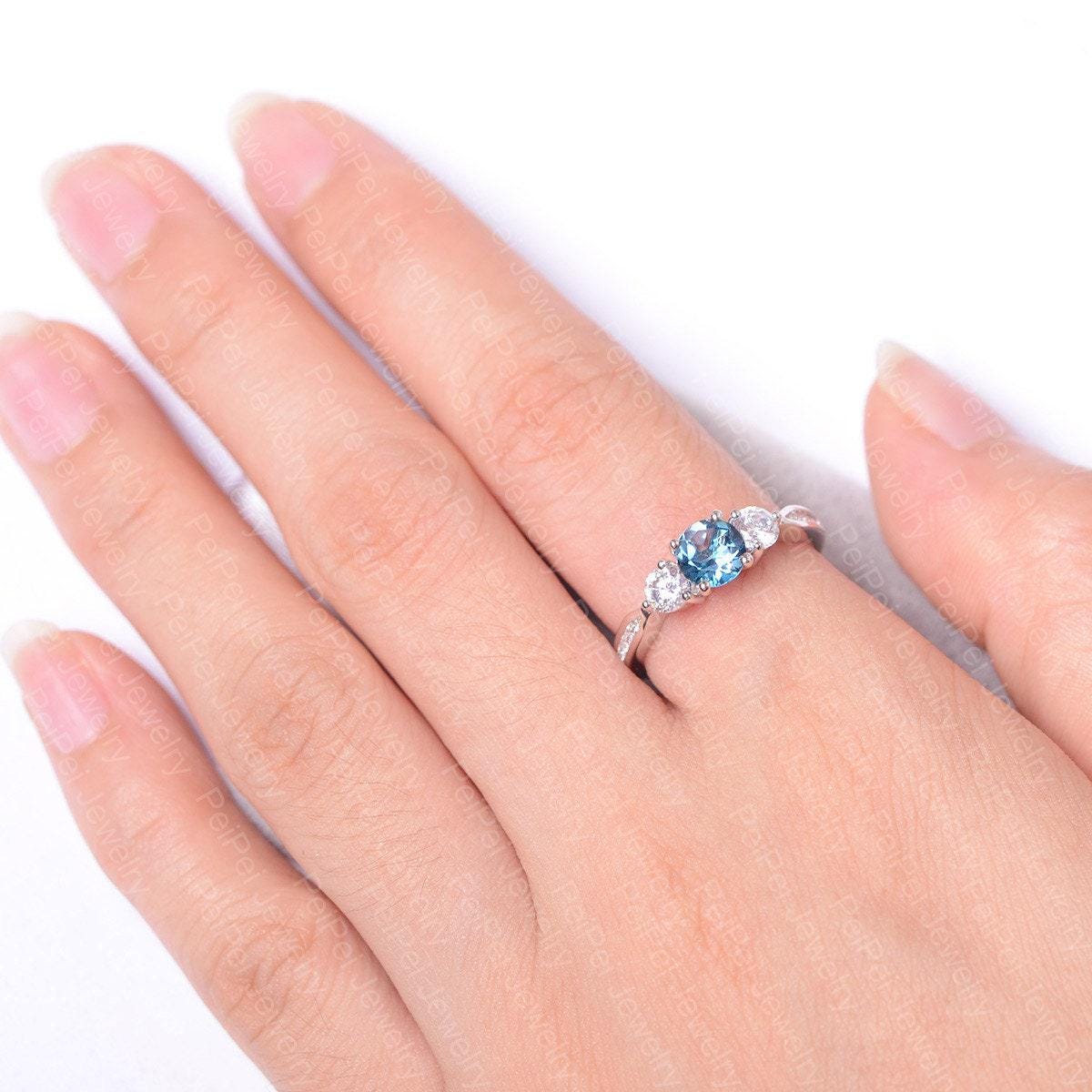 London Blue Topaz Ring Round Cut Blue Gemstone Sterling Silver ...
