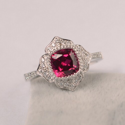 Lab Ruby Ring Cushion Cut July Birthstone Silver Wedding Ring - Etsy