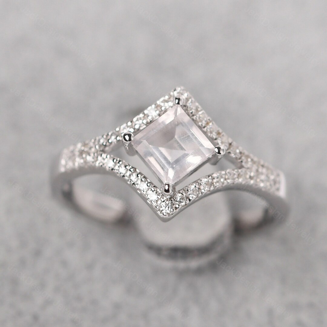 Kite Setting Engagement Ring Silver Square Cut Pave Setting Rose Quartz ...