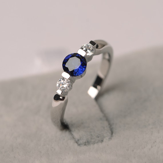 Sapphire Engagement Ring Round Shape 14k White Gold Ring for | Etsy