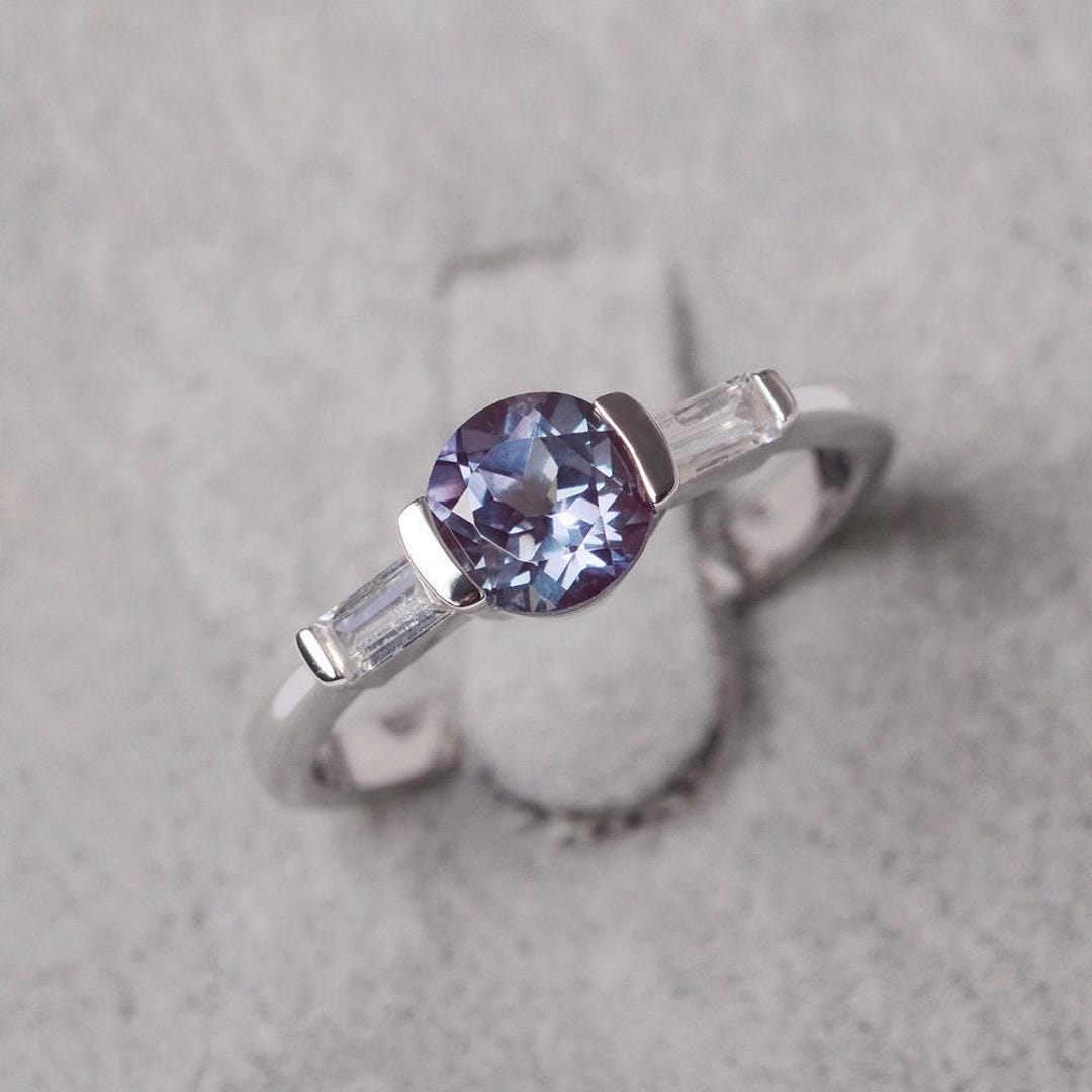 Alexandrite Ring Sterling Silver Round Cut Gemstone Ring Engagement ...