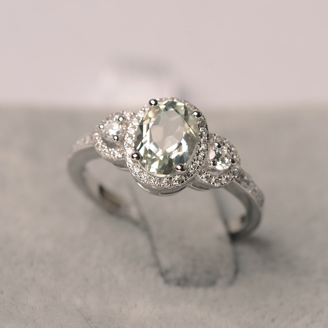 Oval Green Amethyst Ring Oval Cut Promise Ring for Her Halo Engagement ...