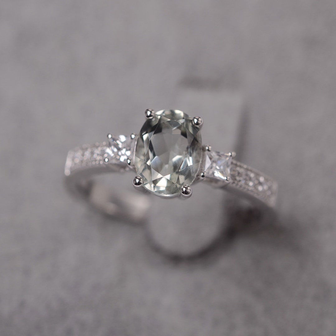 Green Amethyst Ring White Gold Wedding Ring for Women Oval Cut Gemstone ...