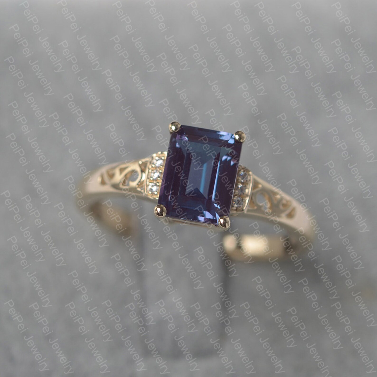 Alexandrite Ring Yellow Gold June Birthstone Ring Emerald Cut - Etsy