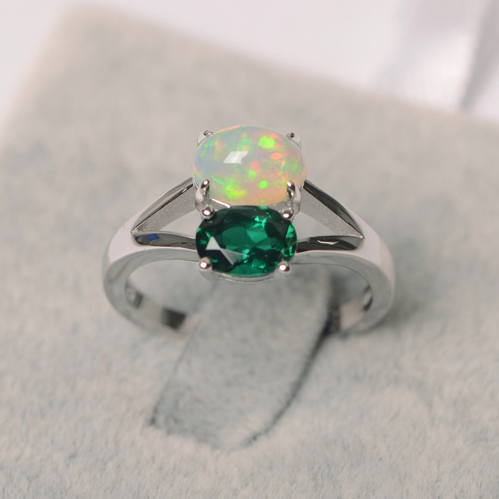 Opal Ring Dual Birthstone Ring Opal & Emerald Ring for Women | Etsy