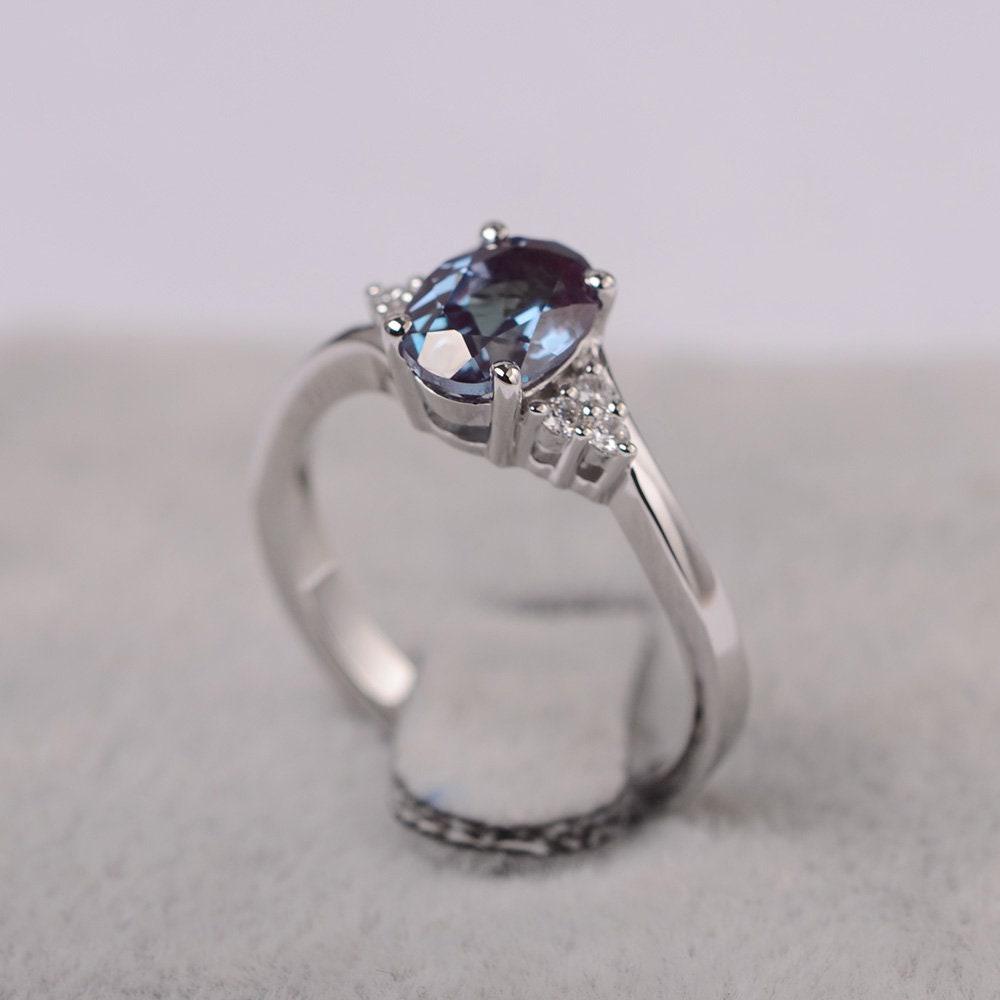 Alexandrite Ring Oval Cut Stone June Birthstone Ring Sterling Silver ...