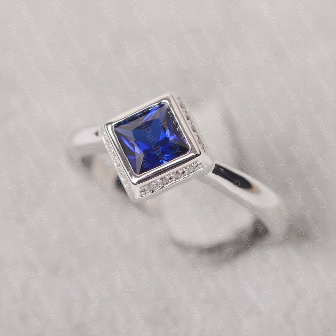 Sapphire ring sterling silver engagement ring for women square | Etsy