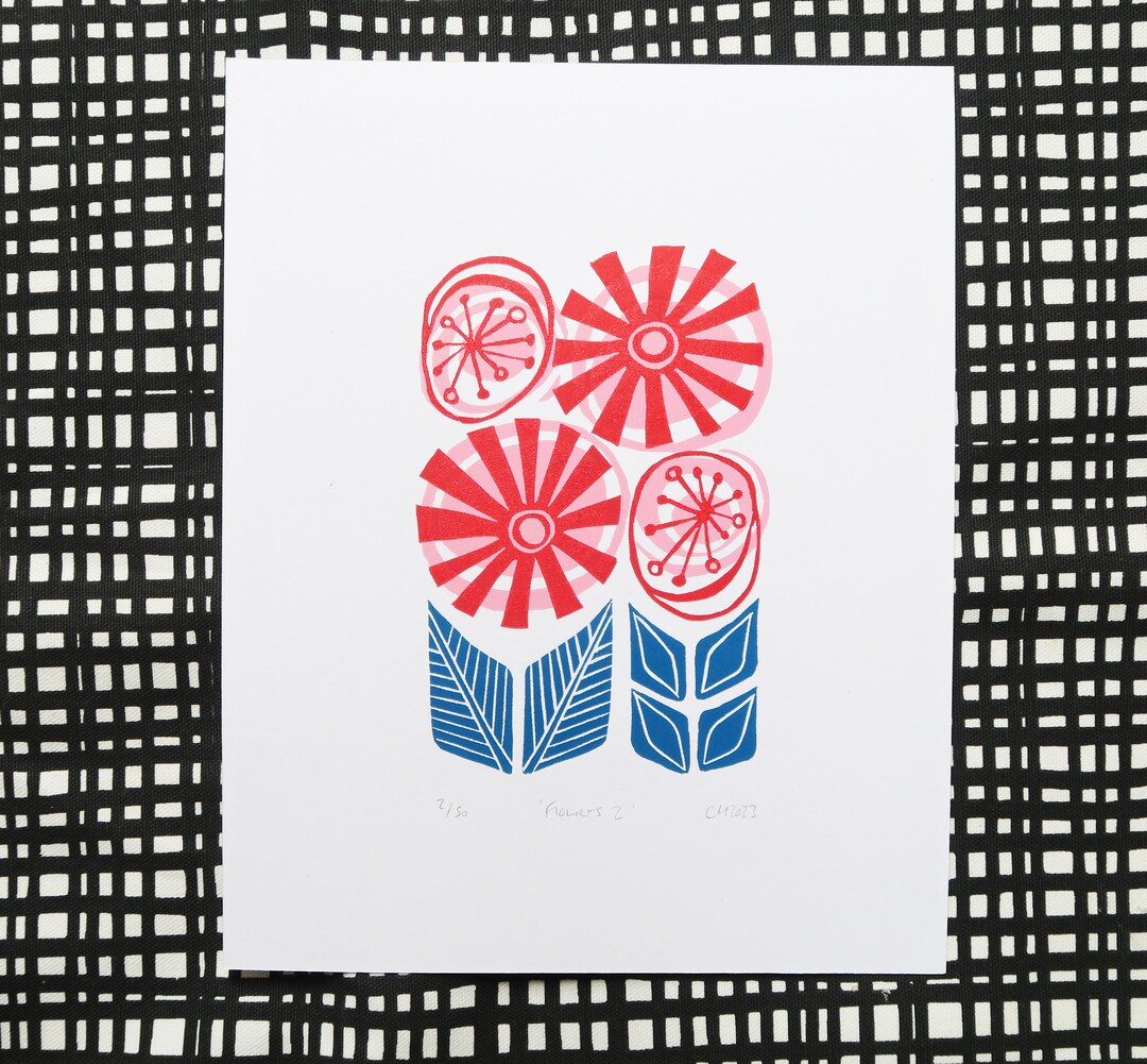 Flowers Linocut Print: Mid-century Modern Spring Wall Art (8x10) - Etsy