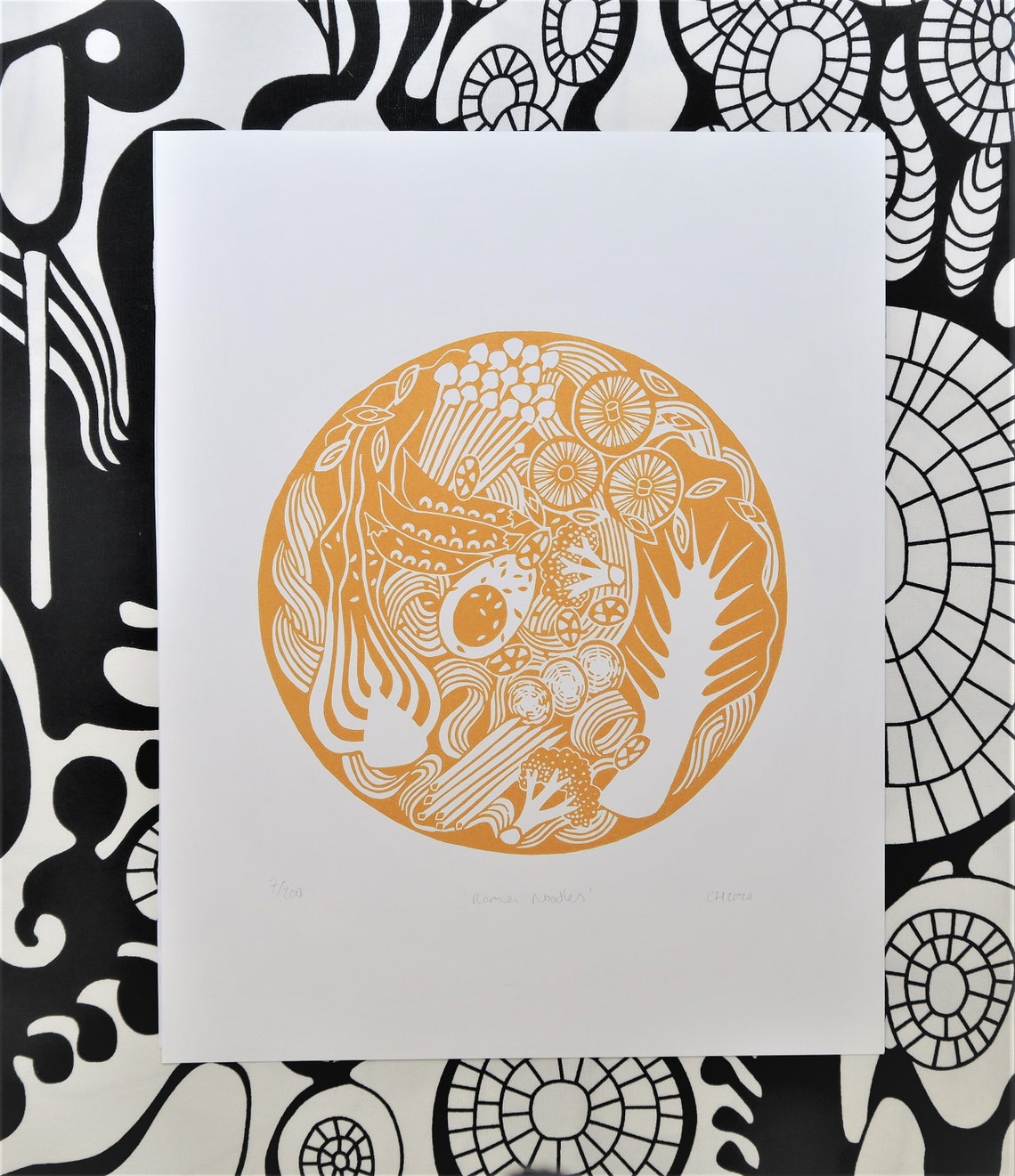 Ramen Noodle Linocut Print yellow Kitchen Wall Art Food | Etsy