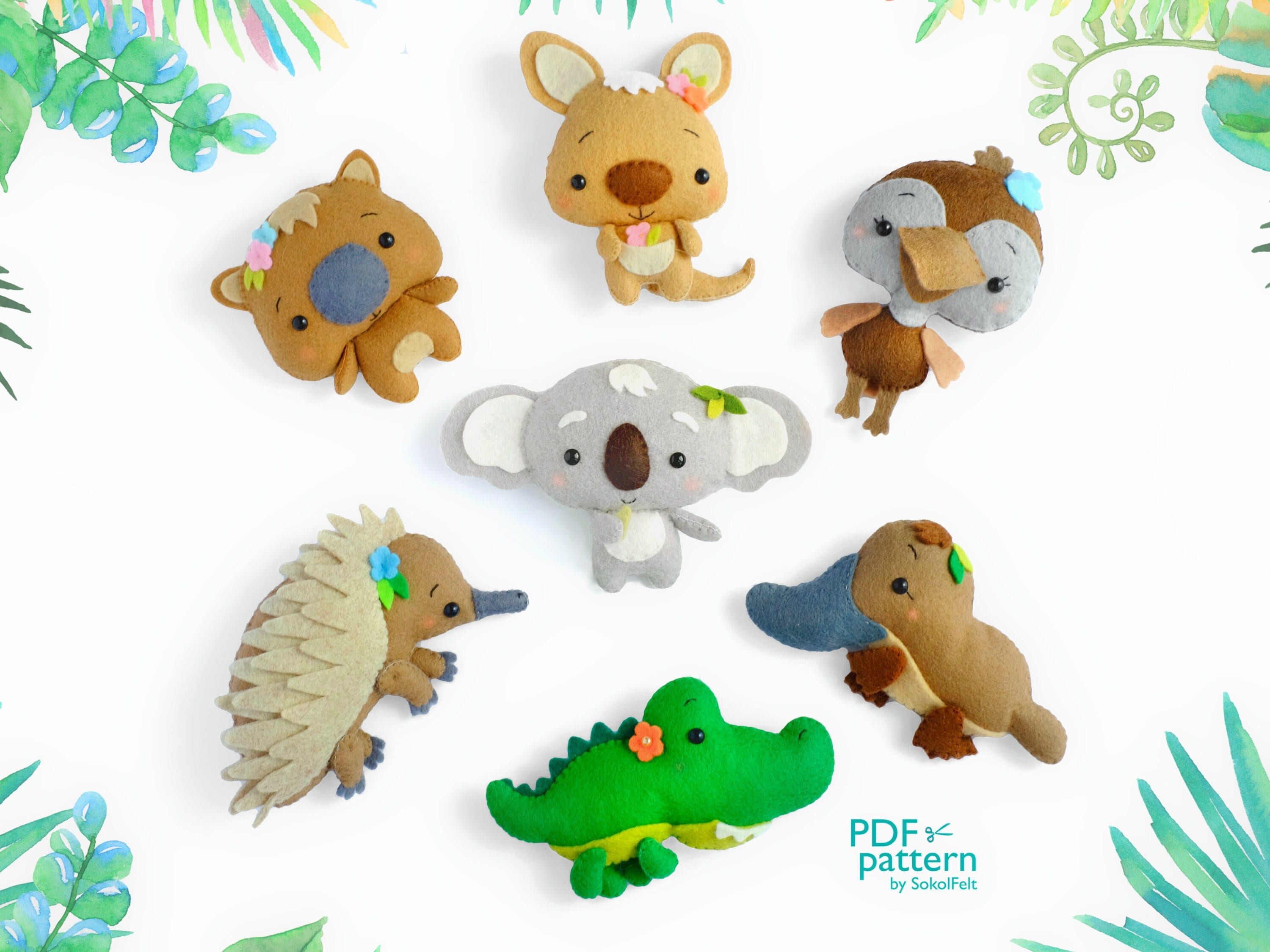 Australian Animals Felt Toy Sewing Patterns, Koala, Kangaroo, Platypus ...