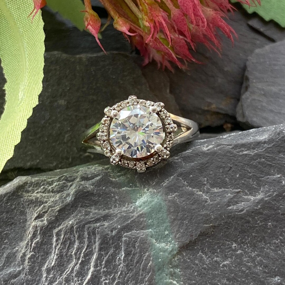 Silver Ethical Gem Elanza Engagement Ring Halo Setting- Size P or 7 3/4 ...
