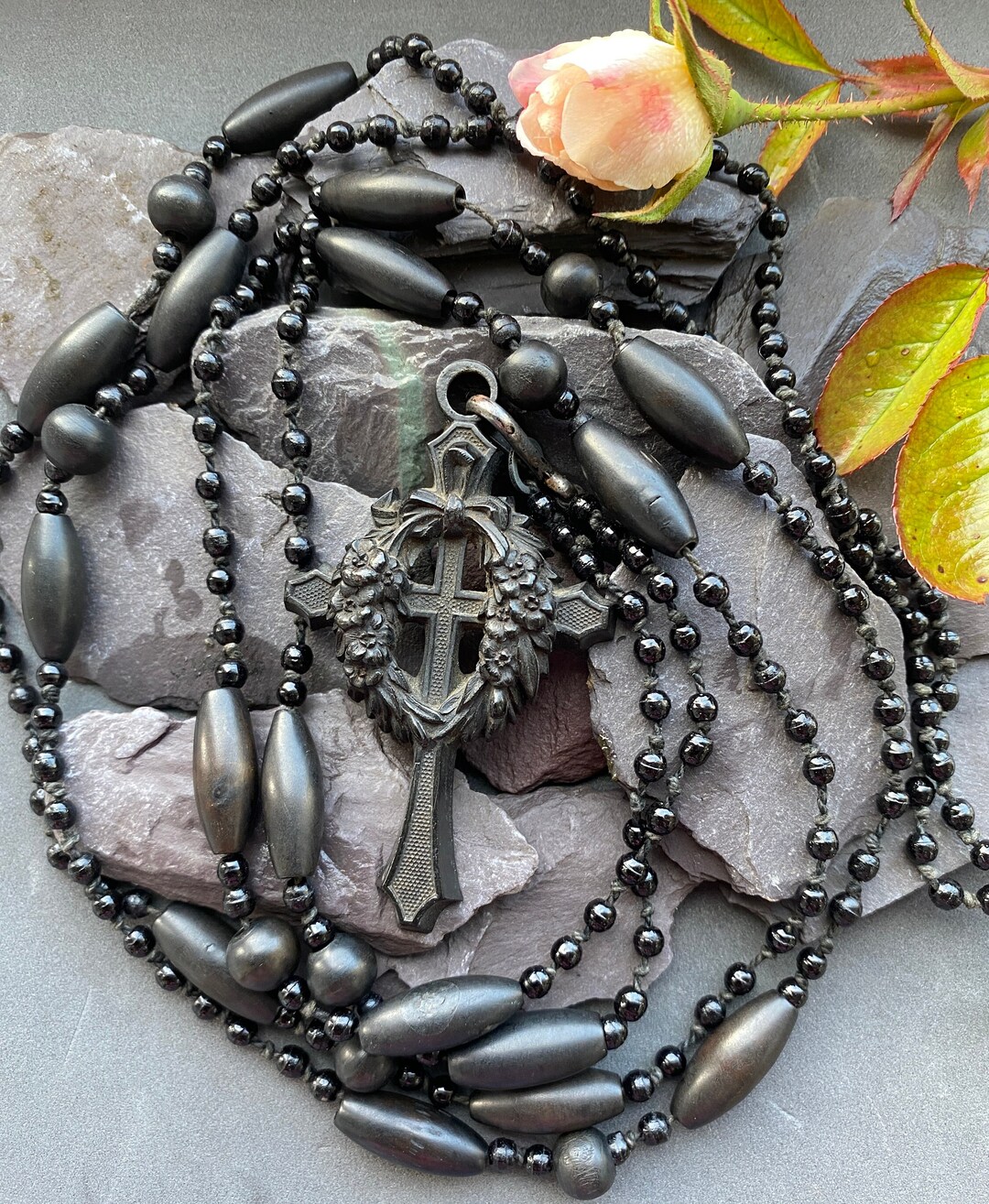 Victorian Gothic Vulcanite Cross & Vauxhall Glass Bead 69 Inch Necklace ...