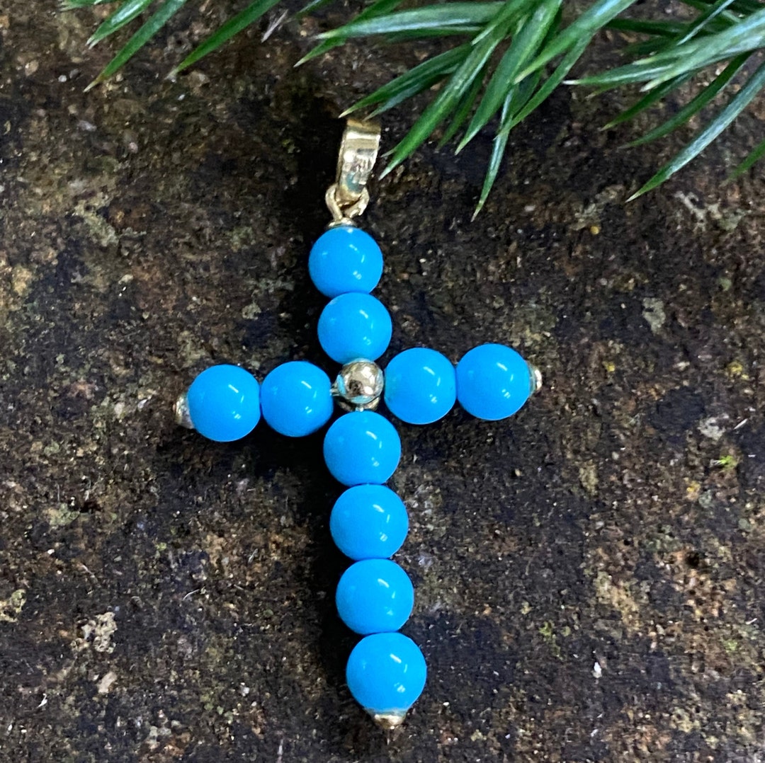 Vintage 18ct Gold Turquoise Bead Cross Pendant 30mm X 18mm Stamped 750 ...