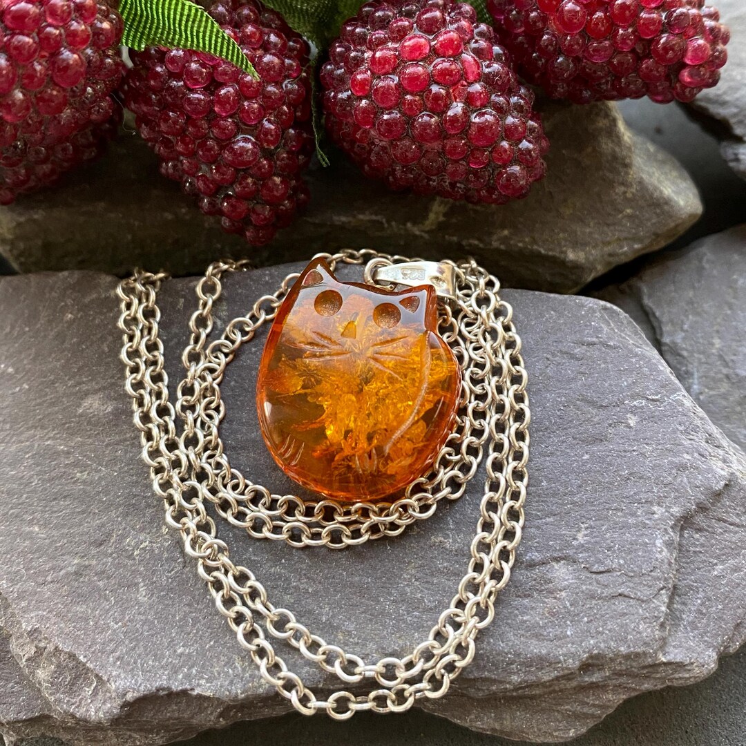 Silver & Carved Amber Cat Pendant and 18" Chain. - Etsy