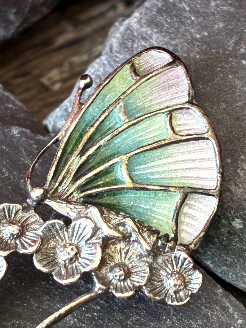 Silver & Enamel Butterfly Flower Brooch – Vintage Insect Jewelry Pin ...
