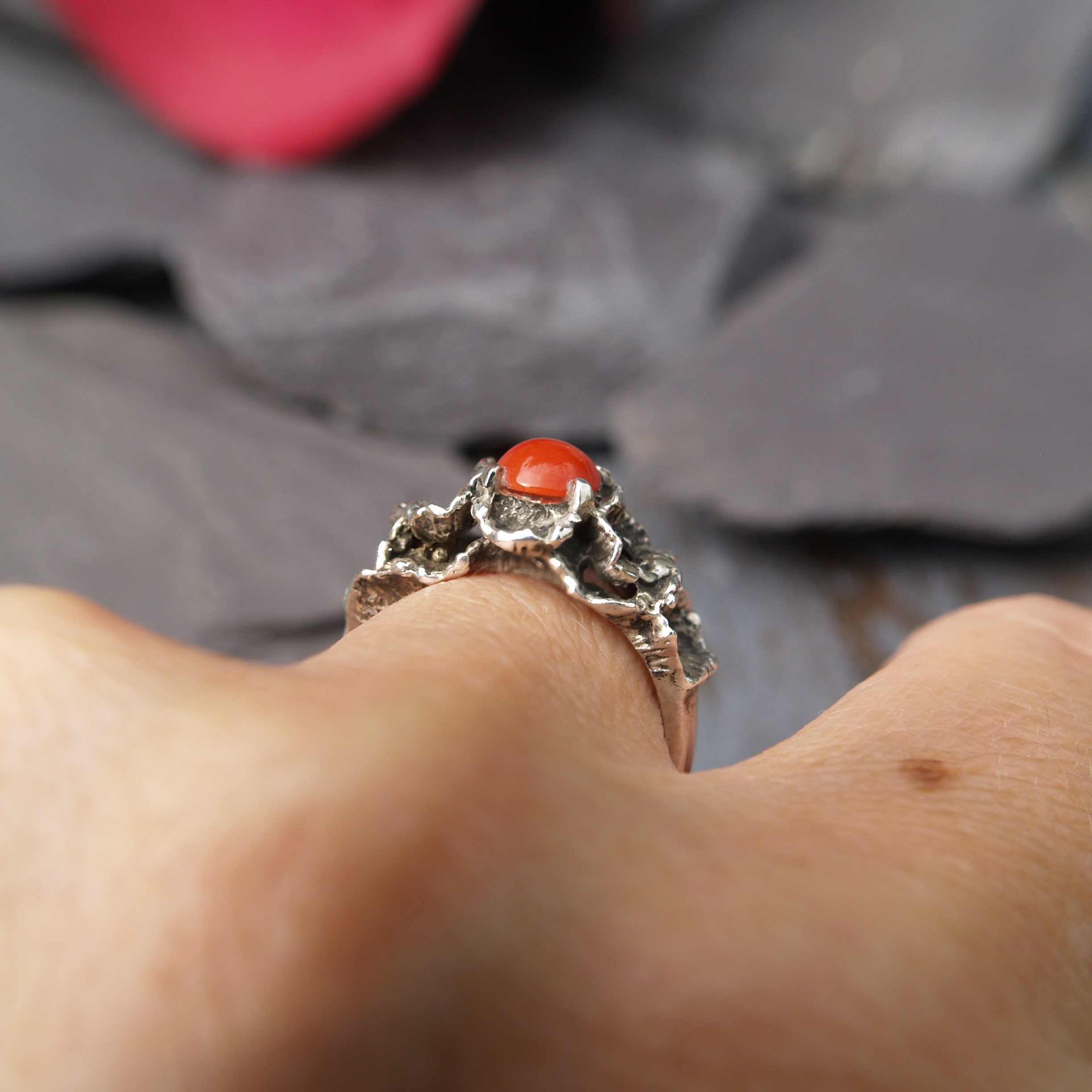 Vintage Designer Sterling Silver & Coral Ring Size R or 8 3/4 US. - Etsy UK