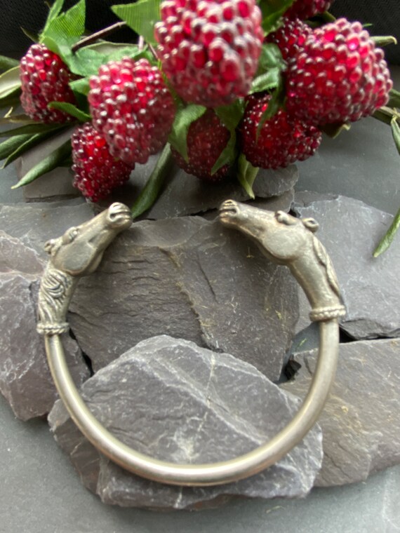 Vintage Pewter Horses Head Torque Bangle - Gem