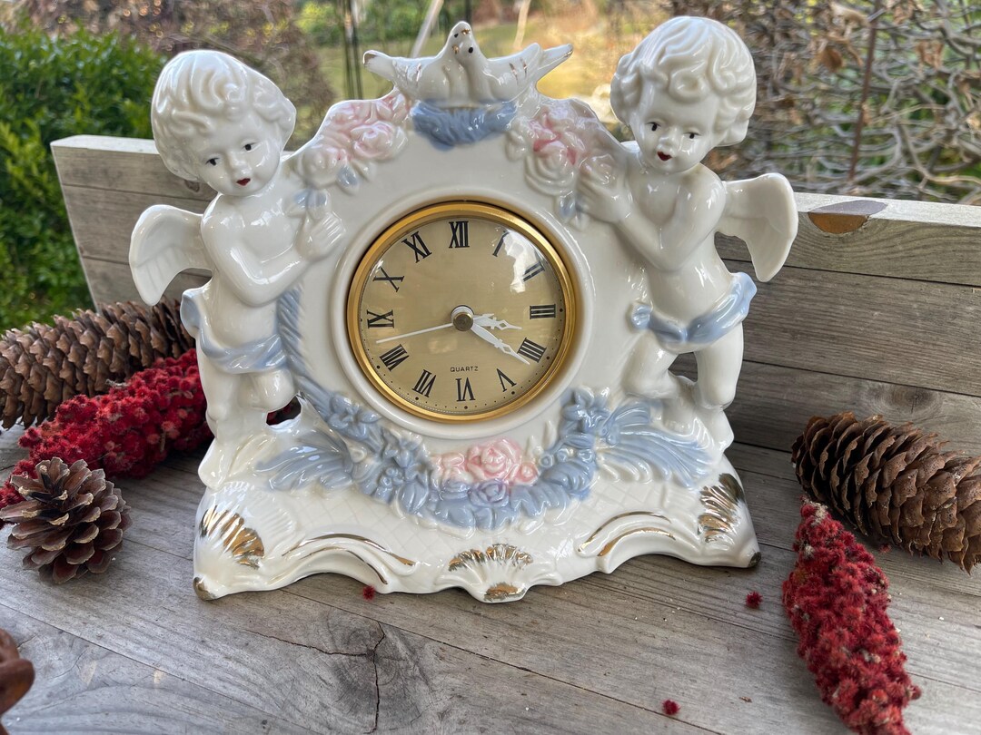 Vintage Cherub Ceramic Quartz Table Clock Mantel Clock Putti Desk Clock ...