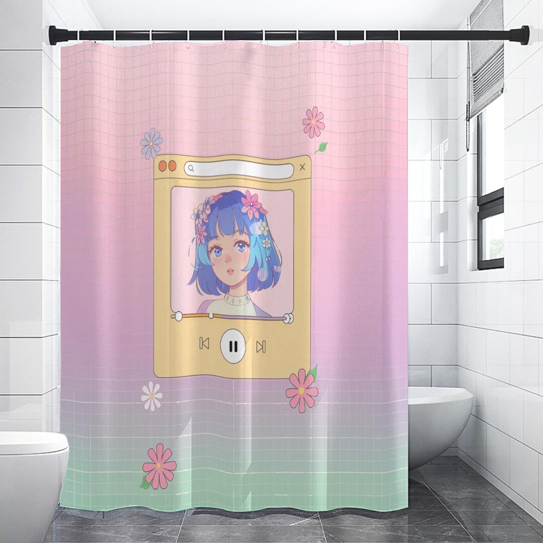 Pastel Vaporwave Shower Curtain | Kawaii Anime Girl Decoration ...