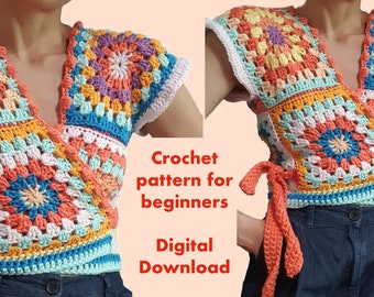 STEP-BY-STEP Crochet Top Pattern Square Neck Granny Squares Top Pattern ...