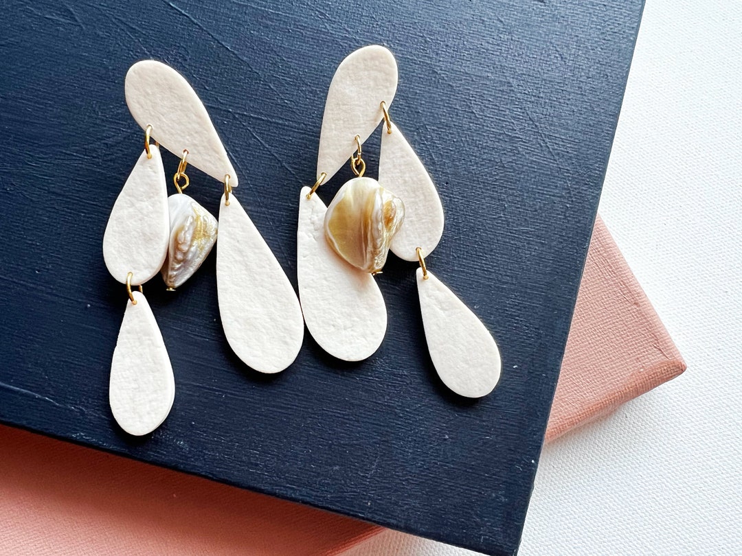 Lightweight Large White Statement Earrings With Shell Pendant - Etsy