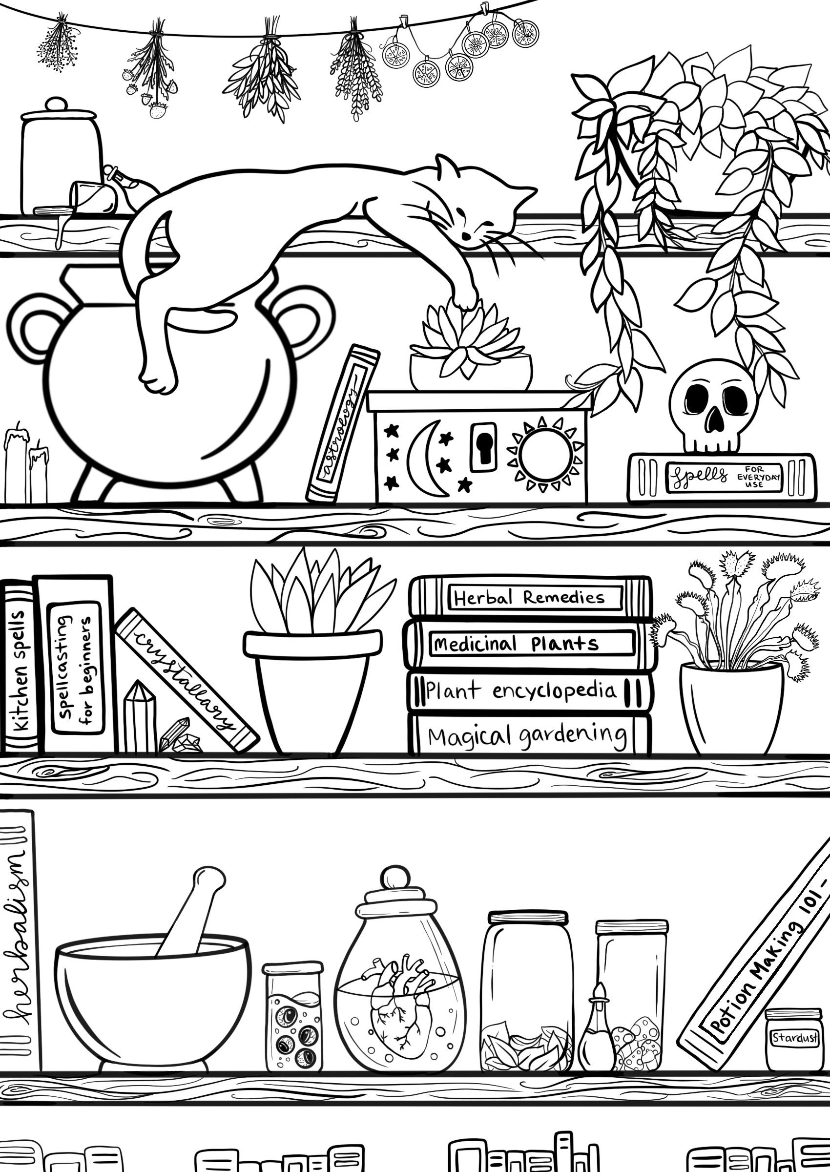 Witchy Bookshelf Coloring Page - Etsy