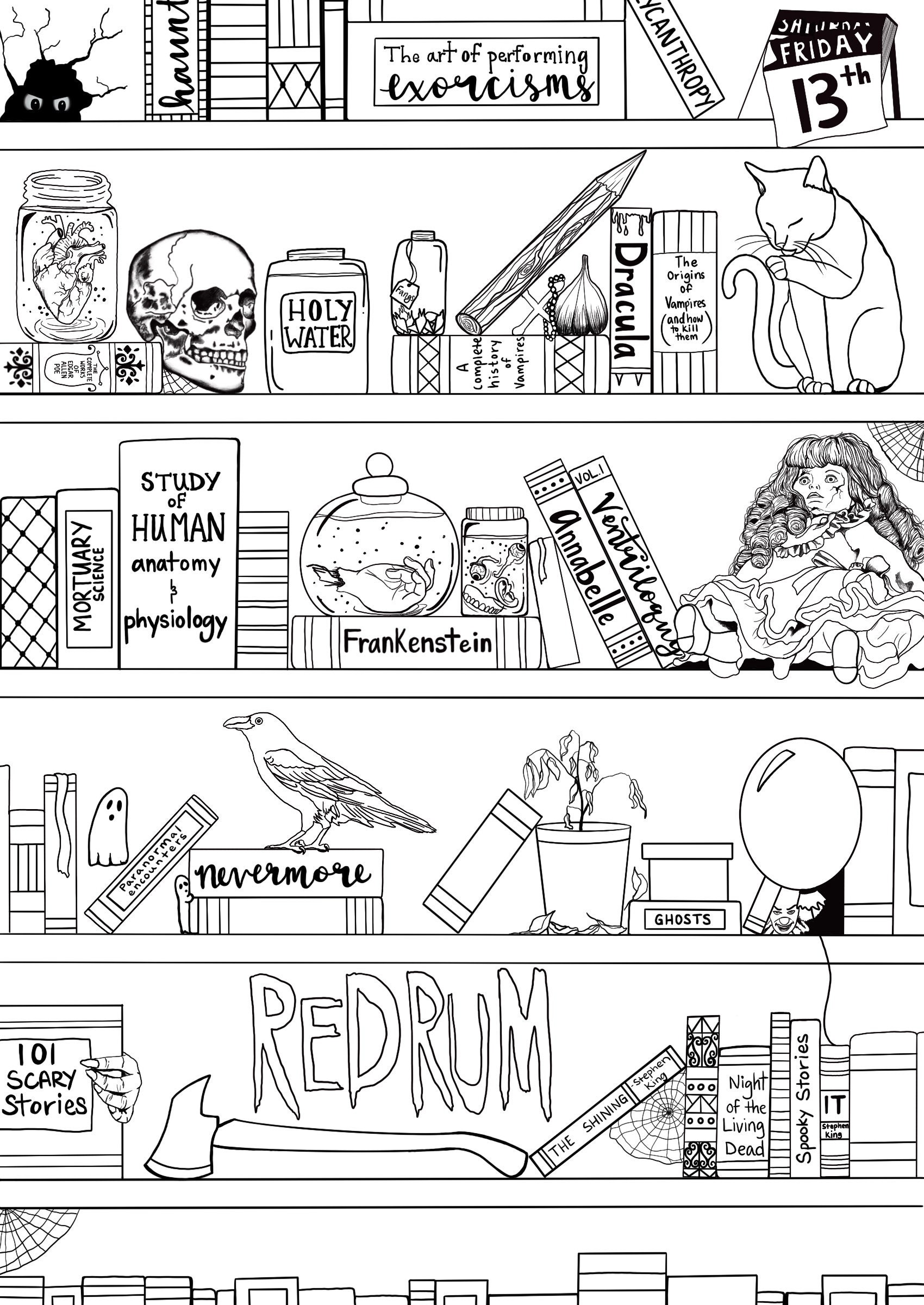 Horror Bookshelf Coloring Page - Etsy