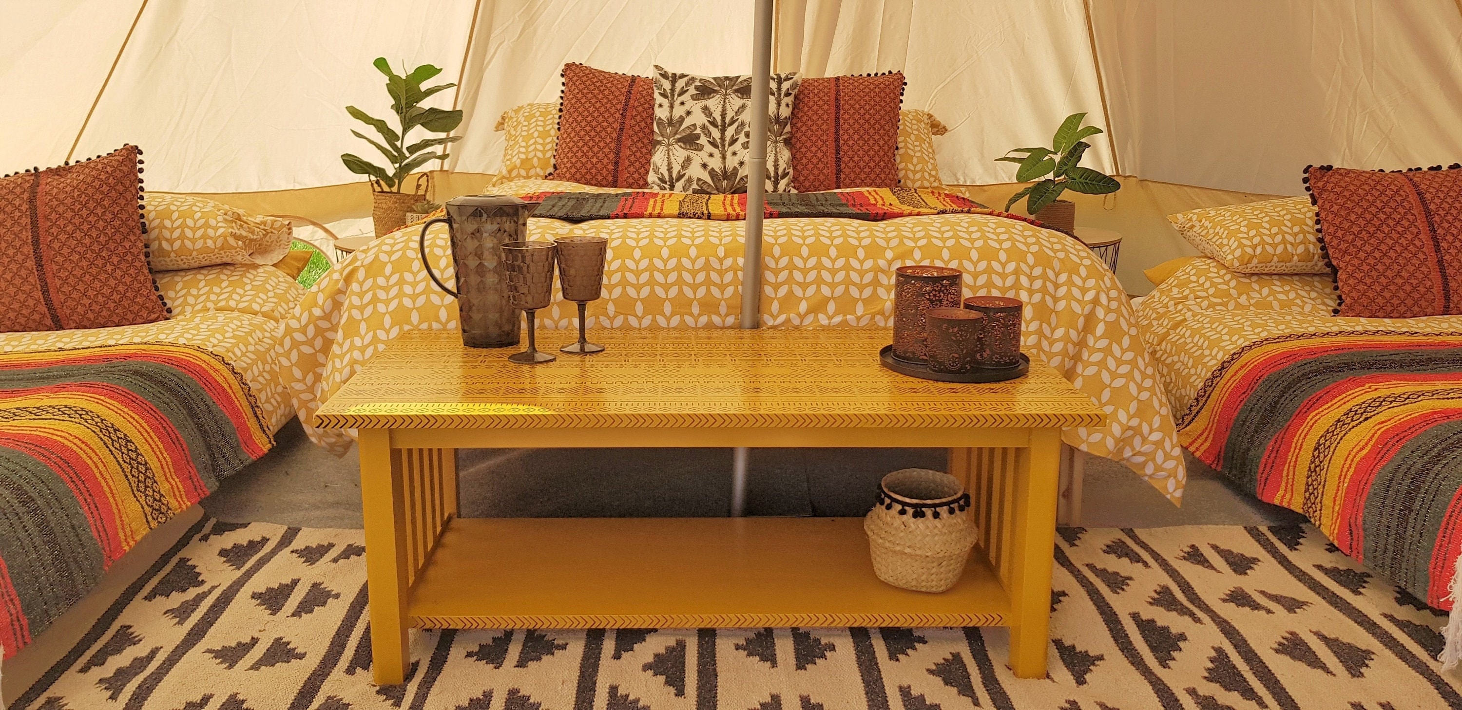 Oak Wood Coffee Table Hand Painted Mustard Yellow With Tribal Stencil ...