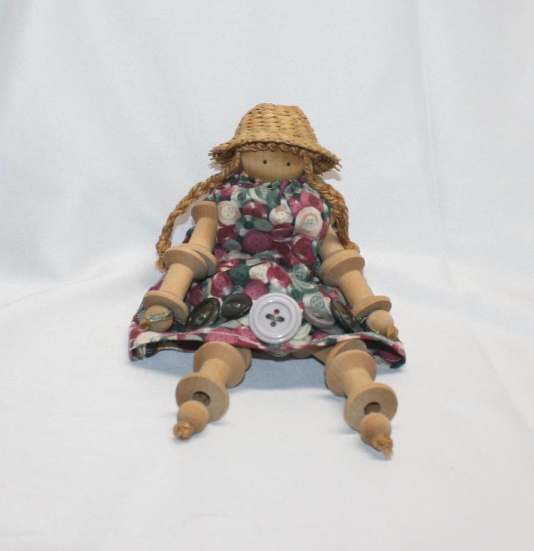 Folk Art SPOOL DOLL Vintage Handmade Figure 9" Tall Spool Arms & Legs ...