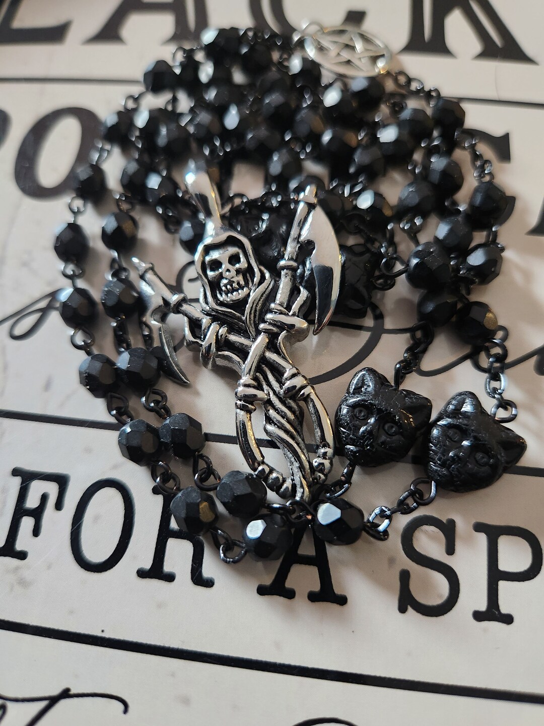 Black Cat Reaper Rosary, Gothic Reaper Rosary, Death Rosary, Black ...
