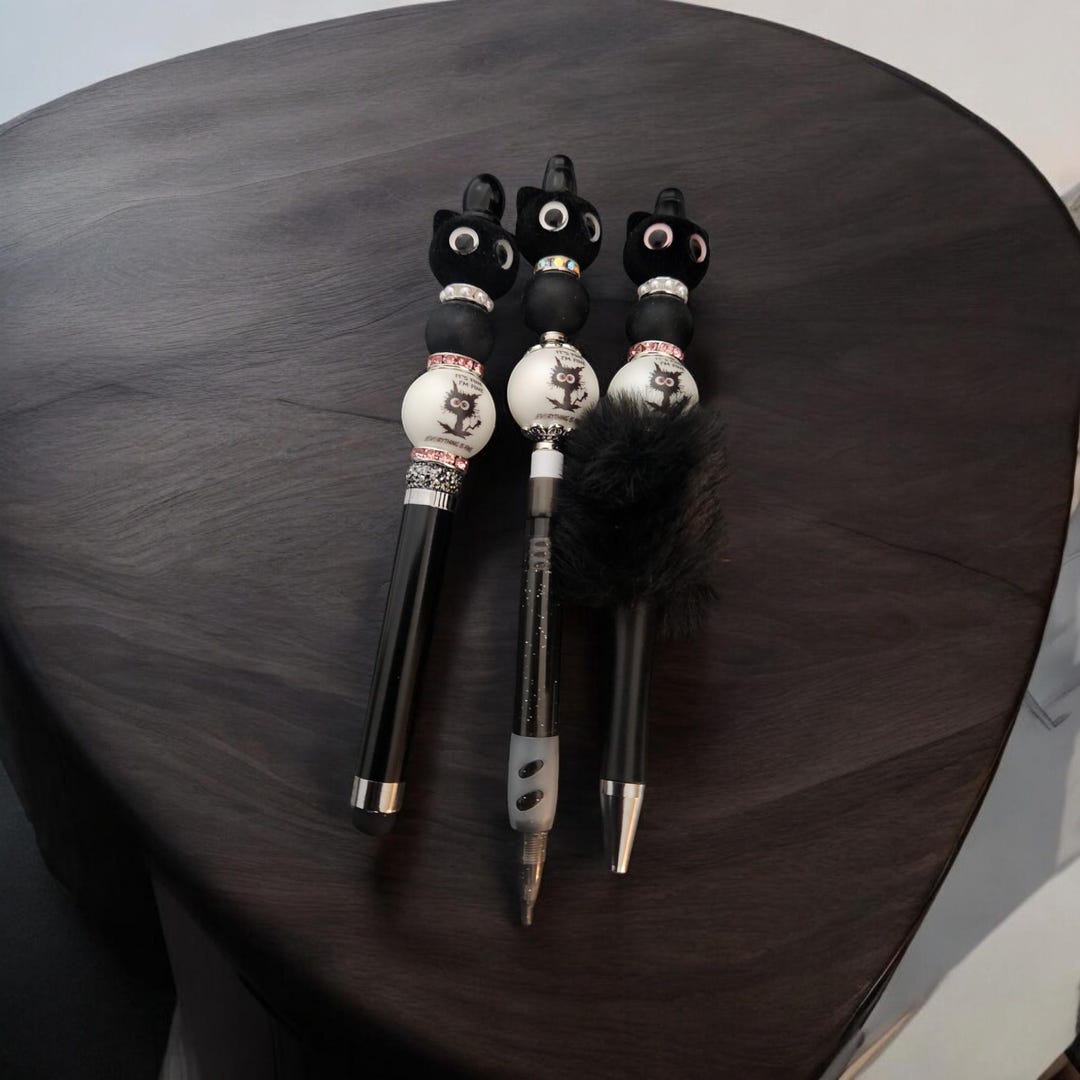 Cute and Fuzzy Black Cat Stationary Set Beaded Writing Utencils Fashion ...