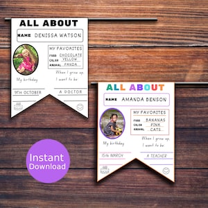 First Day of School, All About Me Printable Flag Back to School. Kids ...