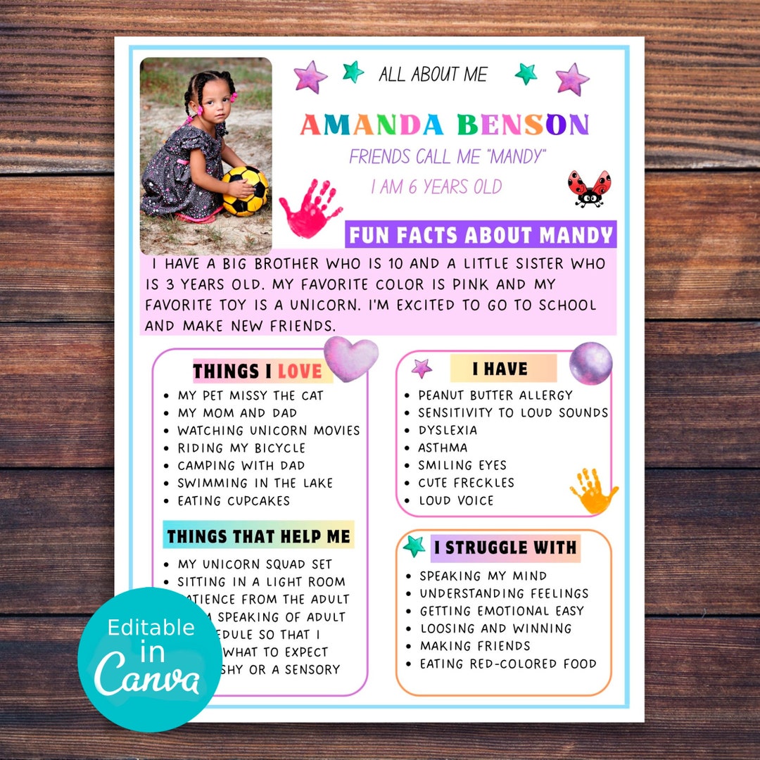 Back to School All About Me Child Info Template Teacher, Therapist, Special Needs, Substitute ...