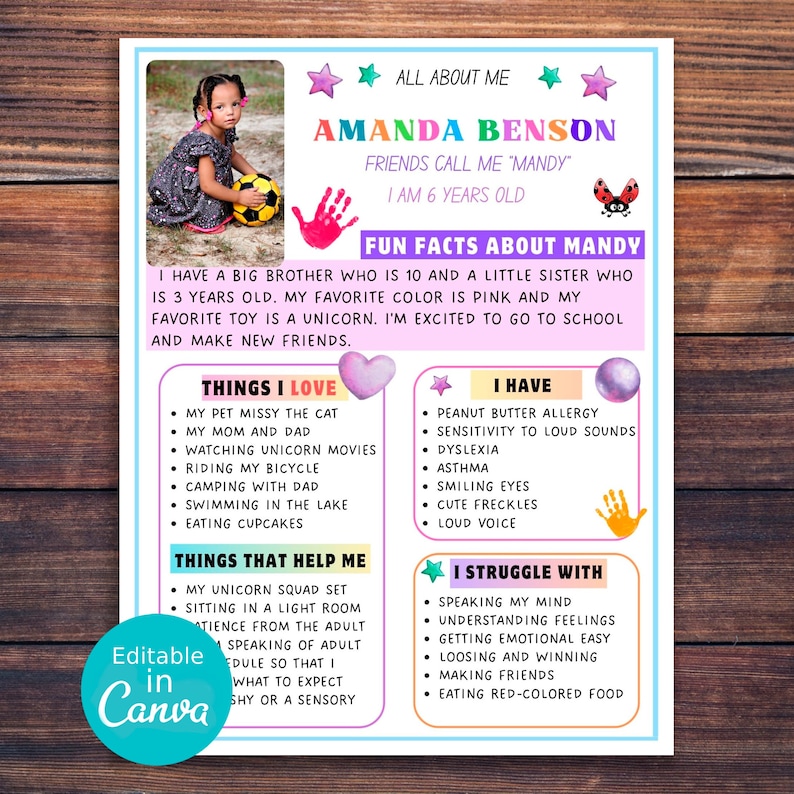 Back to School All About Me Child Info Template Teacher, Therapist ...
