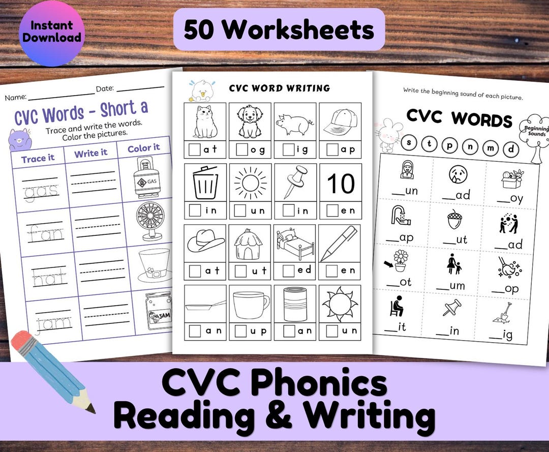 50 CVC Writing Reading Worksheets, No-prep Phonics Morning Work, First ...
