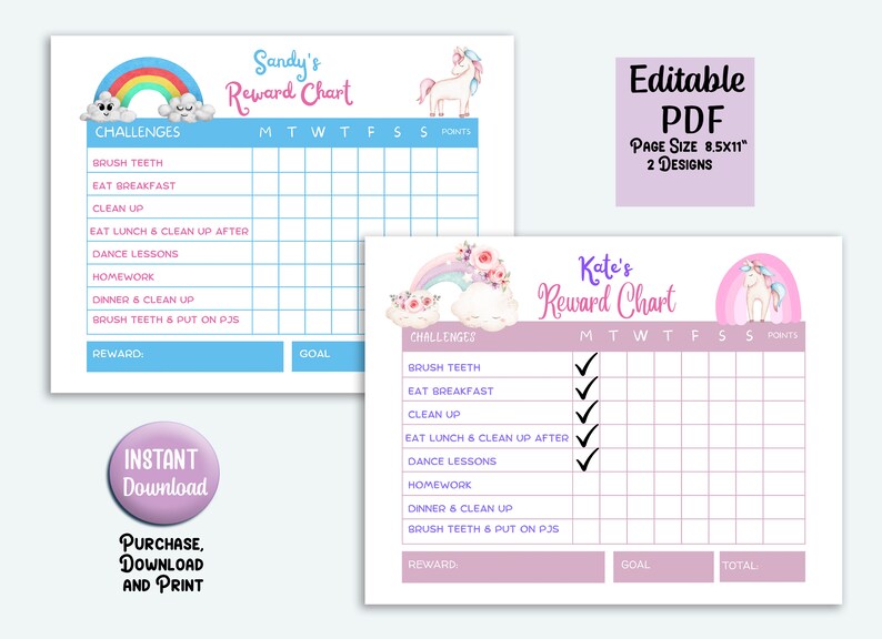 Editable Chores and Responsibilities Chart Rainbow Unicorn Reward ...