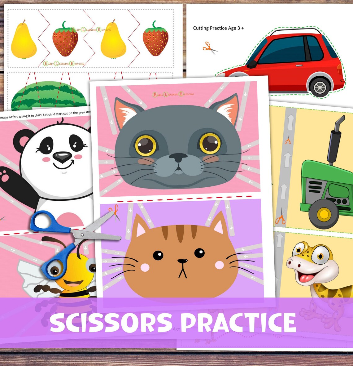 Preschool Scissor Skills Worksheets. Cutting Practice. Fun - Etsy