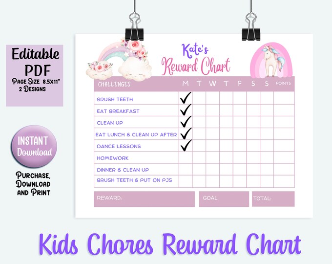 Reward Chart Girls Printable Chore Chart Rainbow Cloud Purple Routine ...