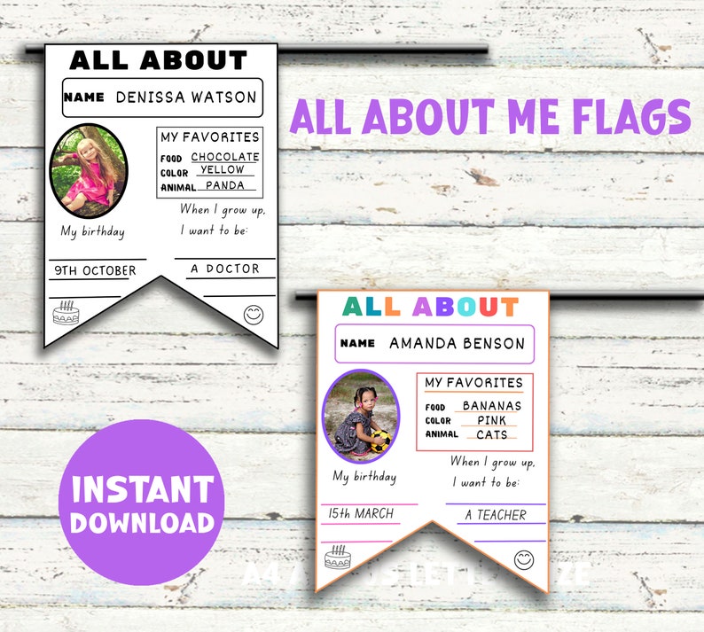 First Day of School, All About Me Printable Flag Back to School. Kids ...