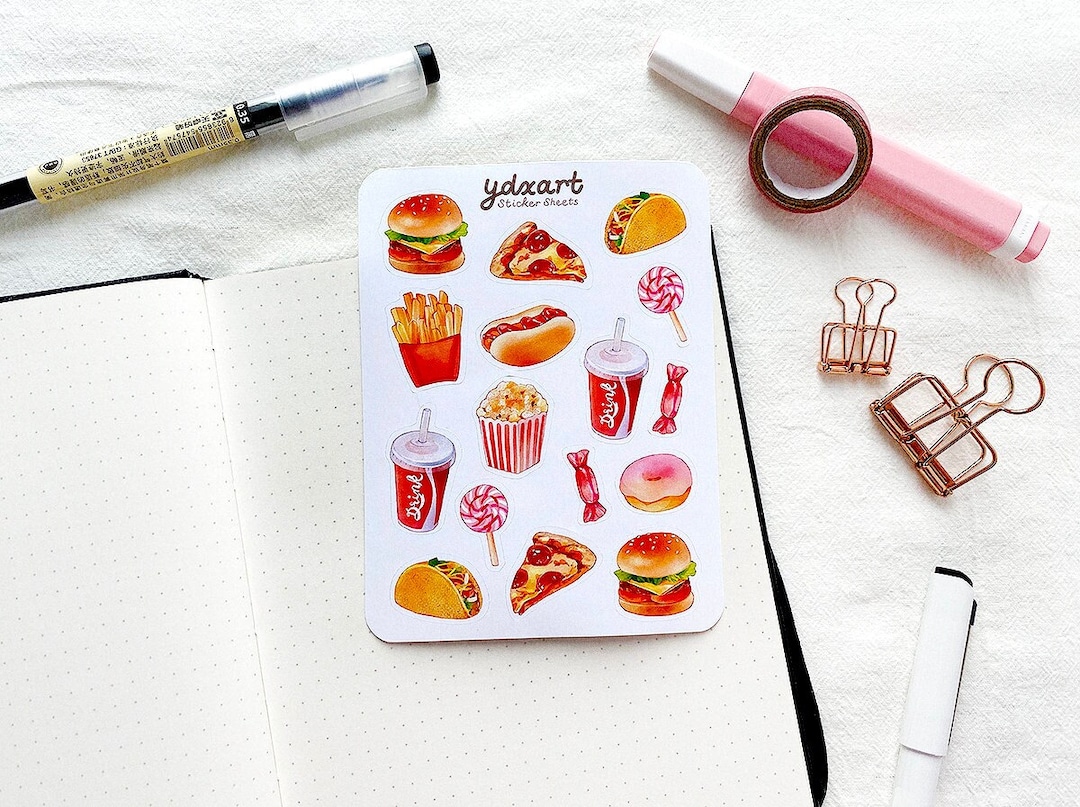 Fast Food Sticker Sheet | Burger, Hot Dog, Fries, Soft Drink, Donut ...