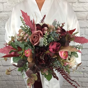 Burgundy, Dusty Pink, Damson Rose Blush, Foliage Bride Wedding Bouquet ...