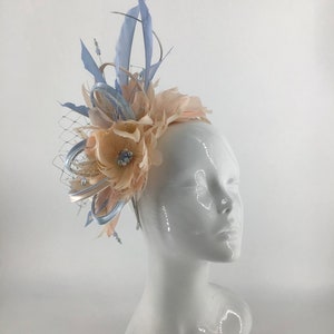 Peach and Powder Blue Birdcage Veiling Feather Fascinator, Headband ...