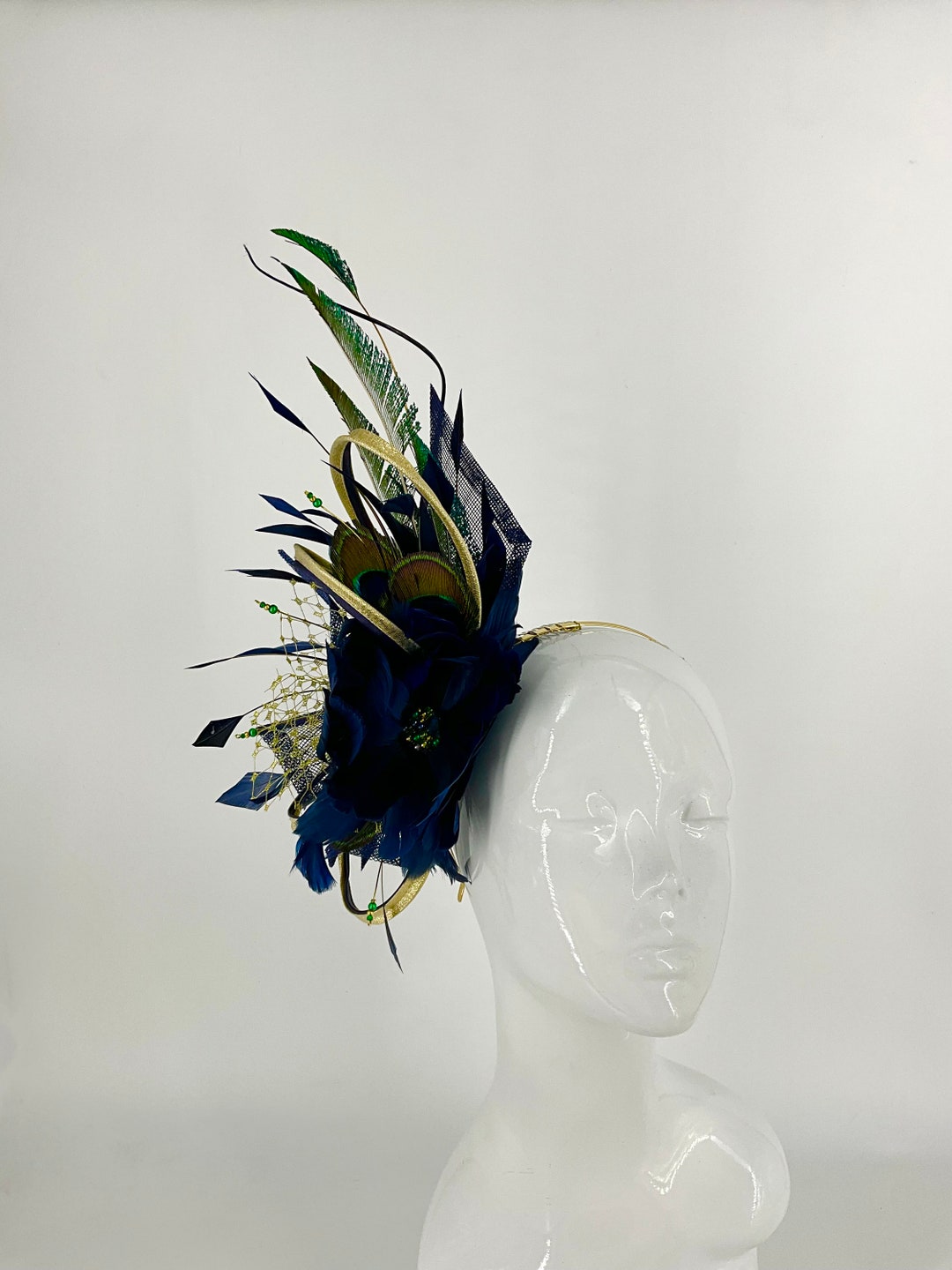 Navy, Peacock Feathers and Gold Feather Headdress - Etsy UK